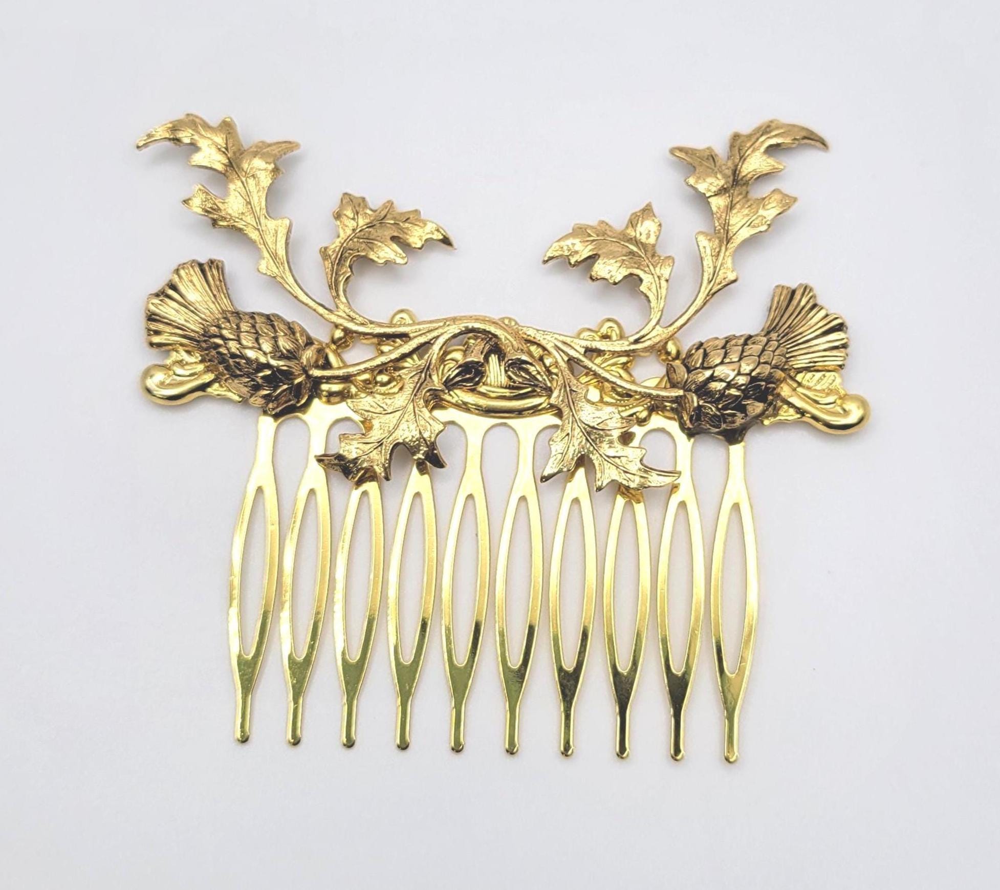 Gold Thistle Hair Comb, 24K Gold Plated Brass, Scottish Bridal Hair ...