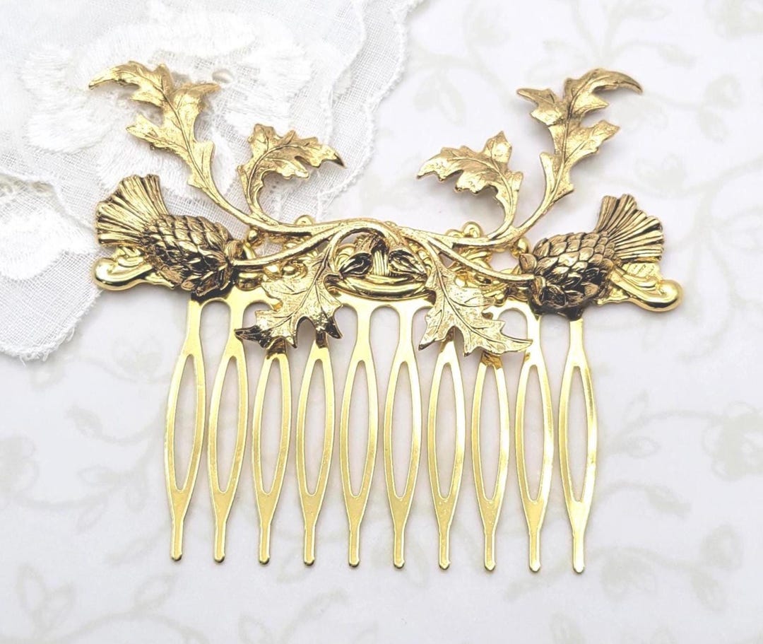 Gold Thistle Hair Comb, 24K Gold Plated Brass, Scottish Bridal Hair ...