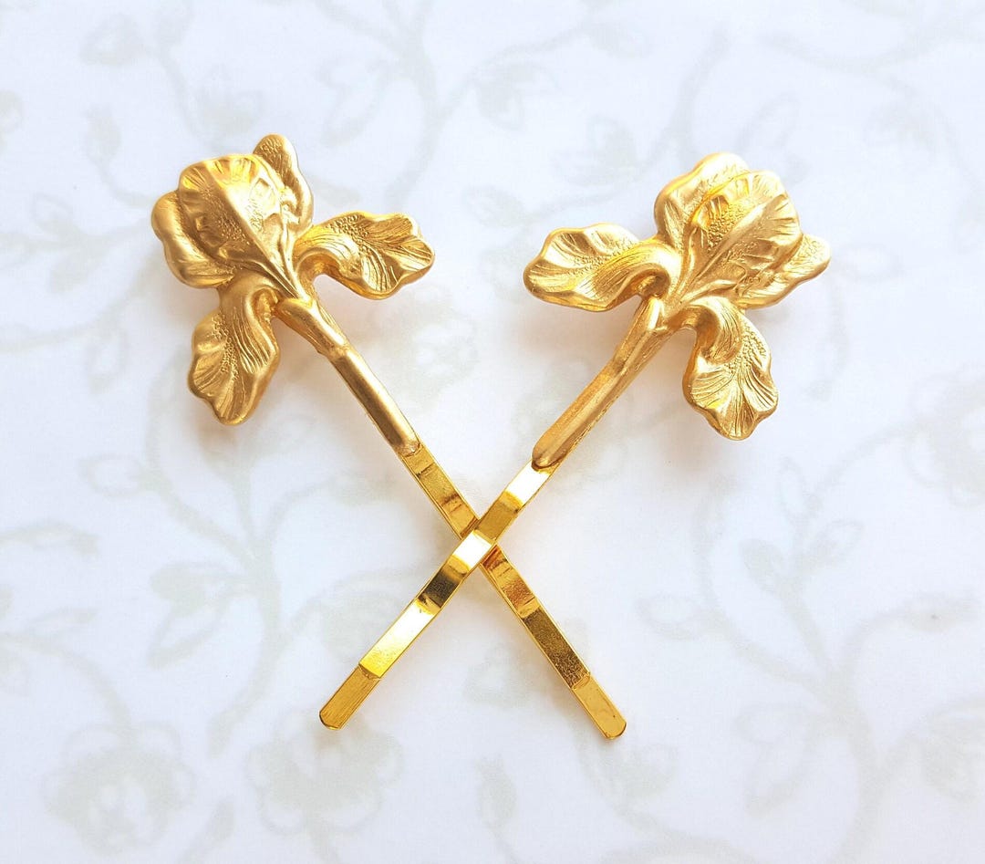 Floral Iris Gold Raw Brass Bobby Pins, Floral Hair Pins, Garden Wedding ...