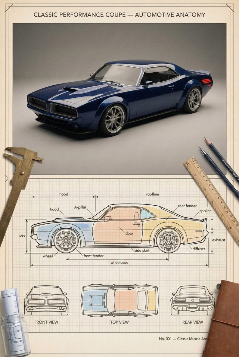 Muscle Car Anatomy Blueprint Poster | Automotive Wall Art (digital ...