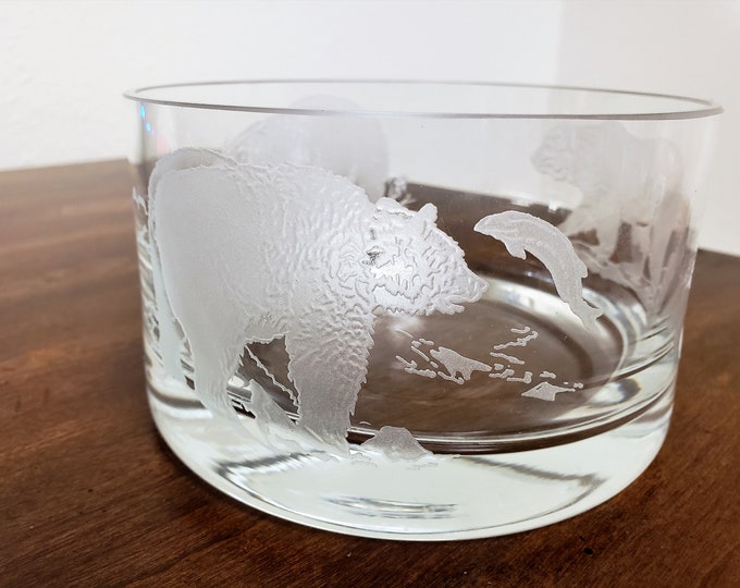 Perry Coyle Artist Signed Crystal Bowl / Bear Fishing for Salmon Design ...