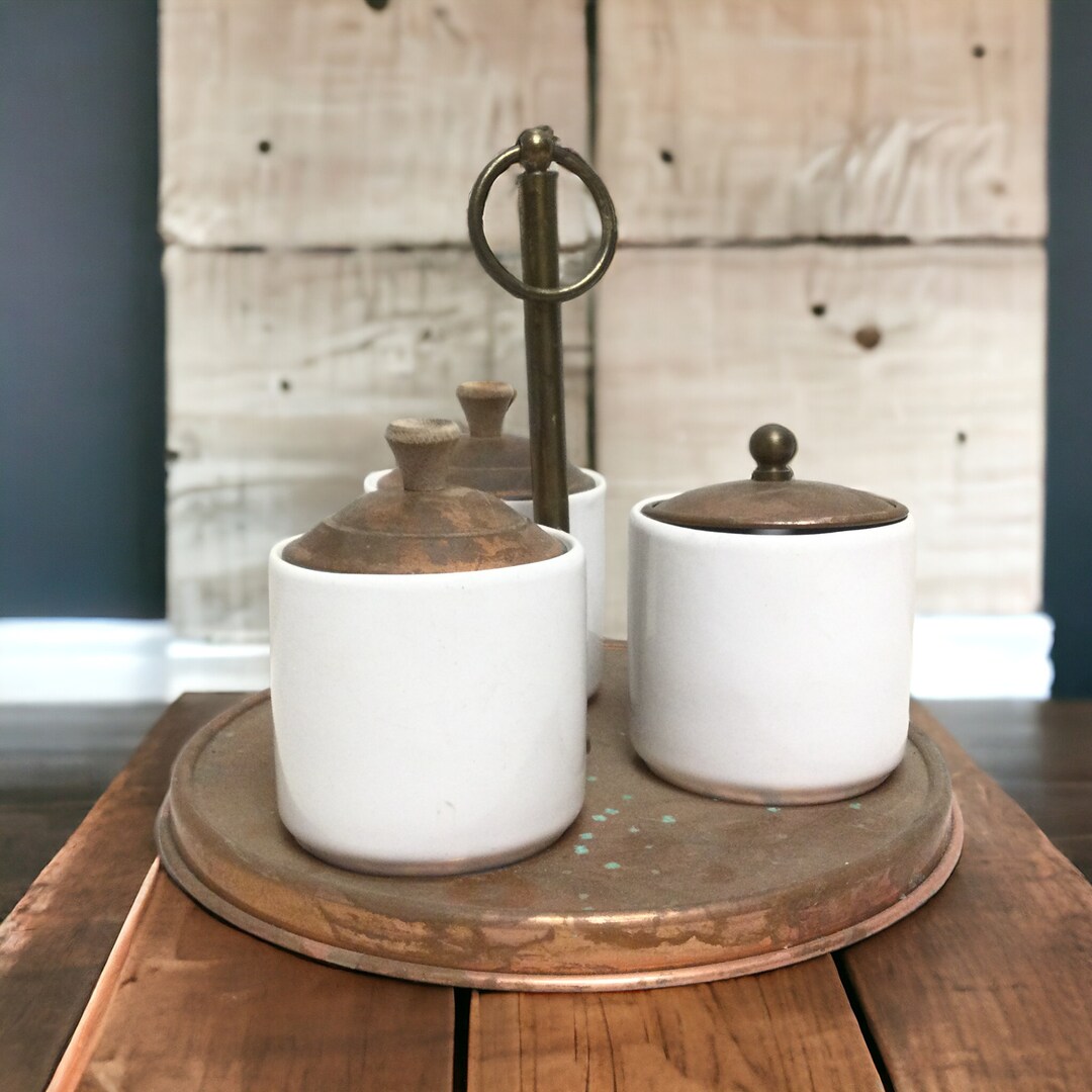 Copper & Porcelain Condiment Trio ~ Vintage Lidded White Condiment ...