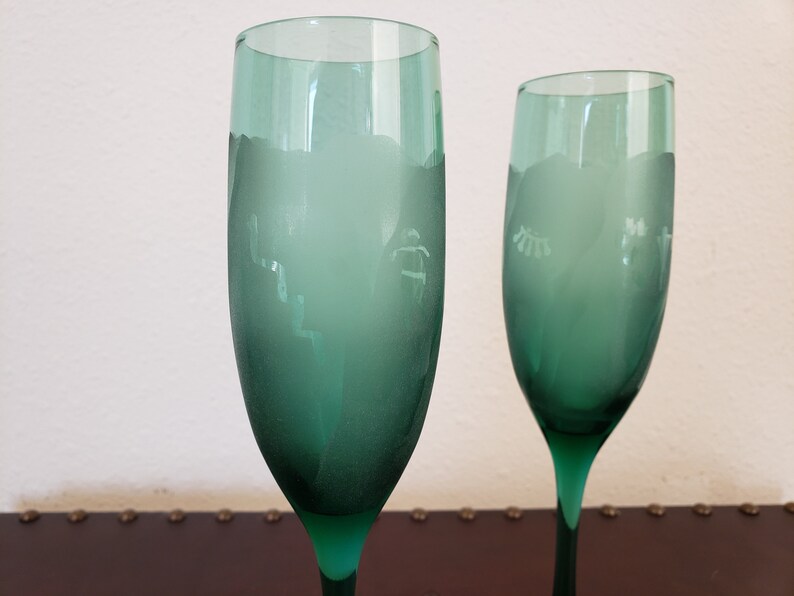 Blown Glass Champagne Flutes Pair / Sand Blasted Designs / | Etsy