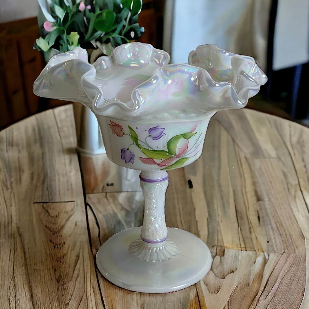Fenton Art Glass Compote ~ Hand Painted by Mike Lemon Crimped Edges ...