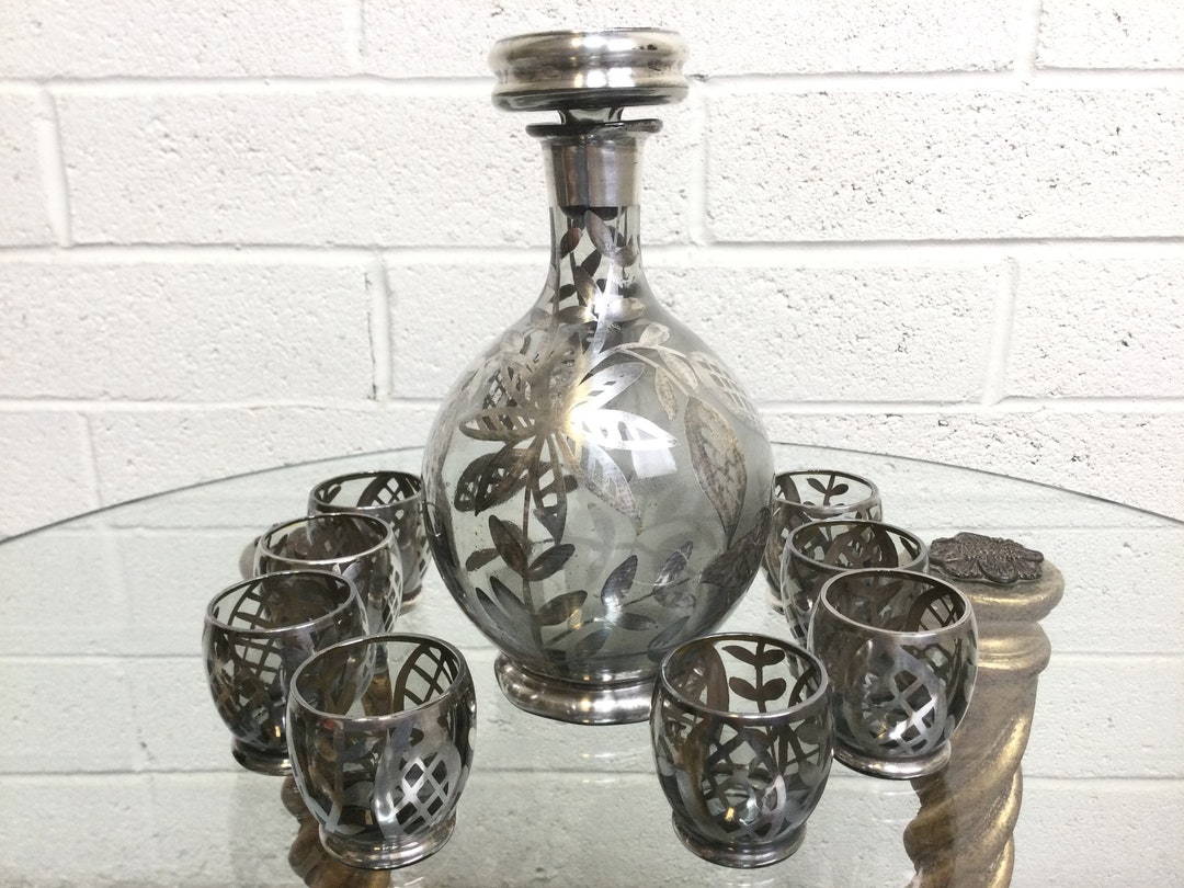 Sterling Silver Overlay Glass Decanter W Stopper & 8 Pc Cordial Glass ...