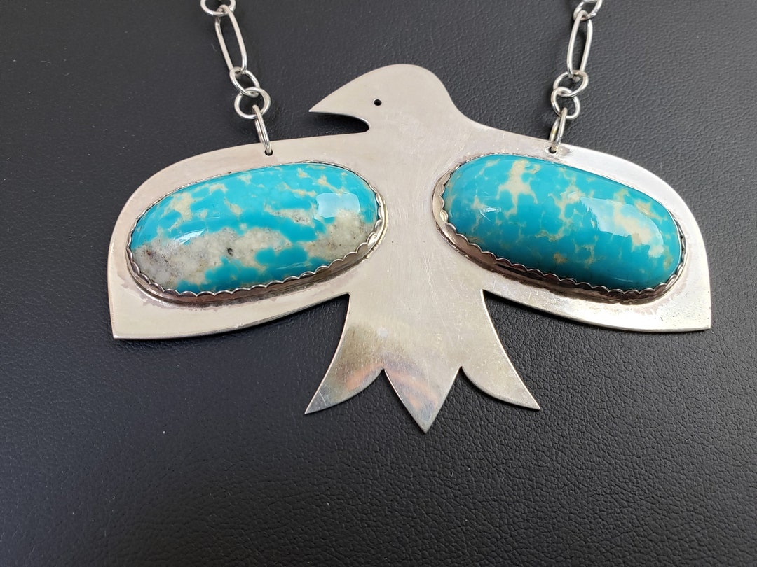 Large Turquoise Thunderbird Pendant Necklace / Native American Sterling ...