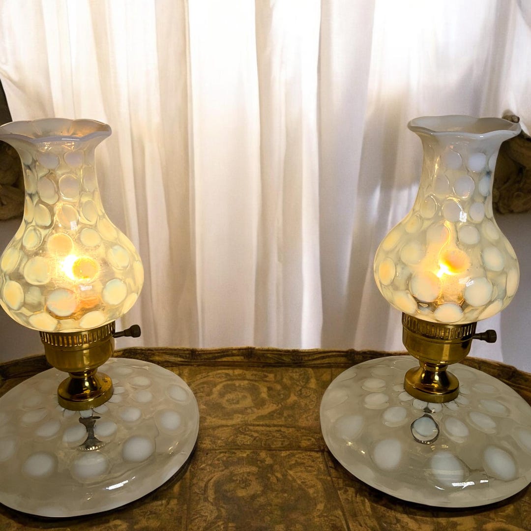 Fenton Glass Lamp Pair ~ MCM Fenton French Opalescent Coin Dot Boudoir ...