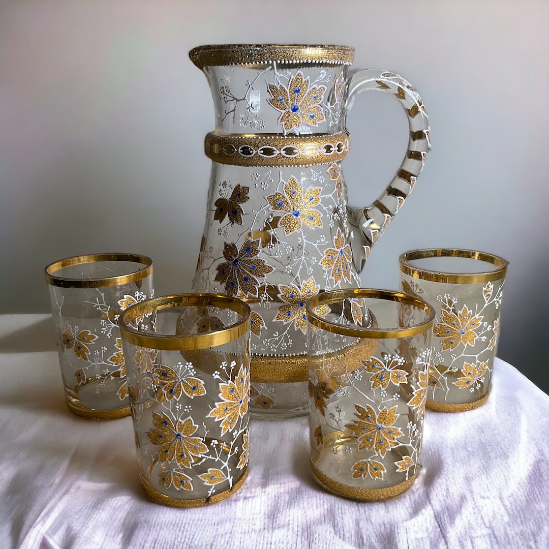 Unmarked Moser Enameled Barware Bohemian Glass Pitcher & 4 Glasses Set ...
