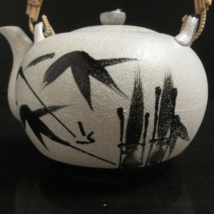 Asian Teapot White Textured W Bamboo Handle ~ Hand Painted Leaf Design ...