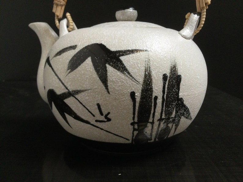 Asian Teapot White Textured W Bamboo Handle ~ Hand Painted Leaf Design ...