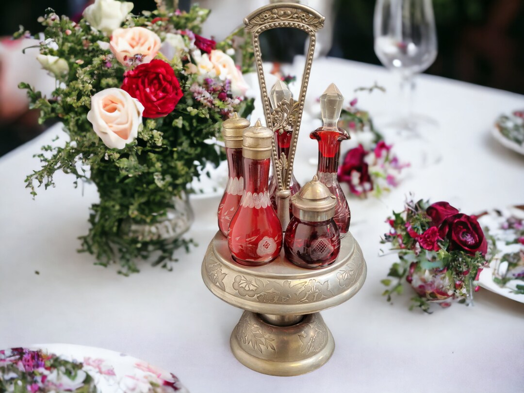 Victorian Castor Cruet Set ~ Ruby Red Cut to Clear Crystal Bottles ...