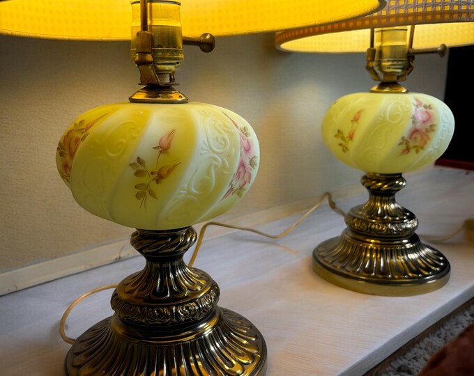 Fenton Burmese Glass Lamps & Shades Pair ~ Hand Painted Paisley Rose ...