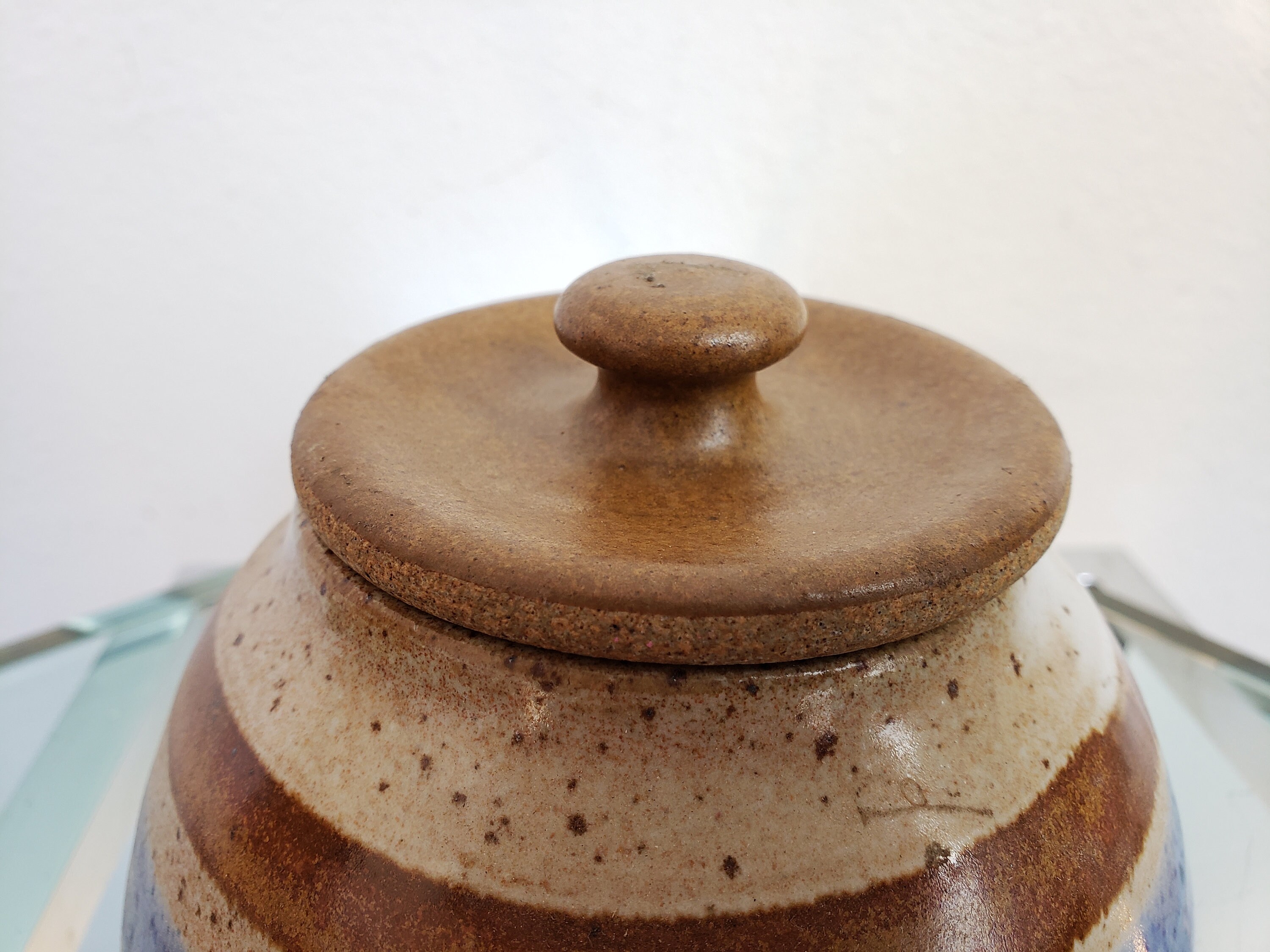 Artisan Stoneware Lidded Jar / Blue and Tan Earthtone Colors / | Etsy