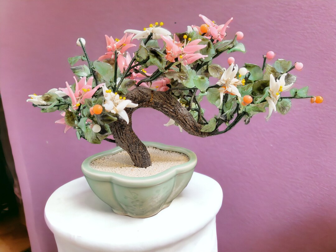 Japanese Jade & Gemstone Bonsai Tree W Pink Yellow Flowers ~ Vintage ...
