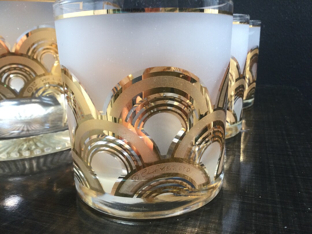 MCM Culver Barware Set 22k Gold Clouds Ice Bucket & 8 Lowball Cocktail ...