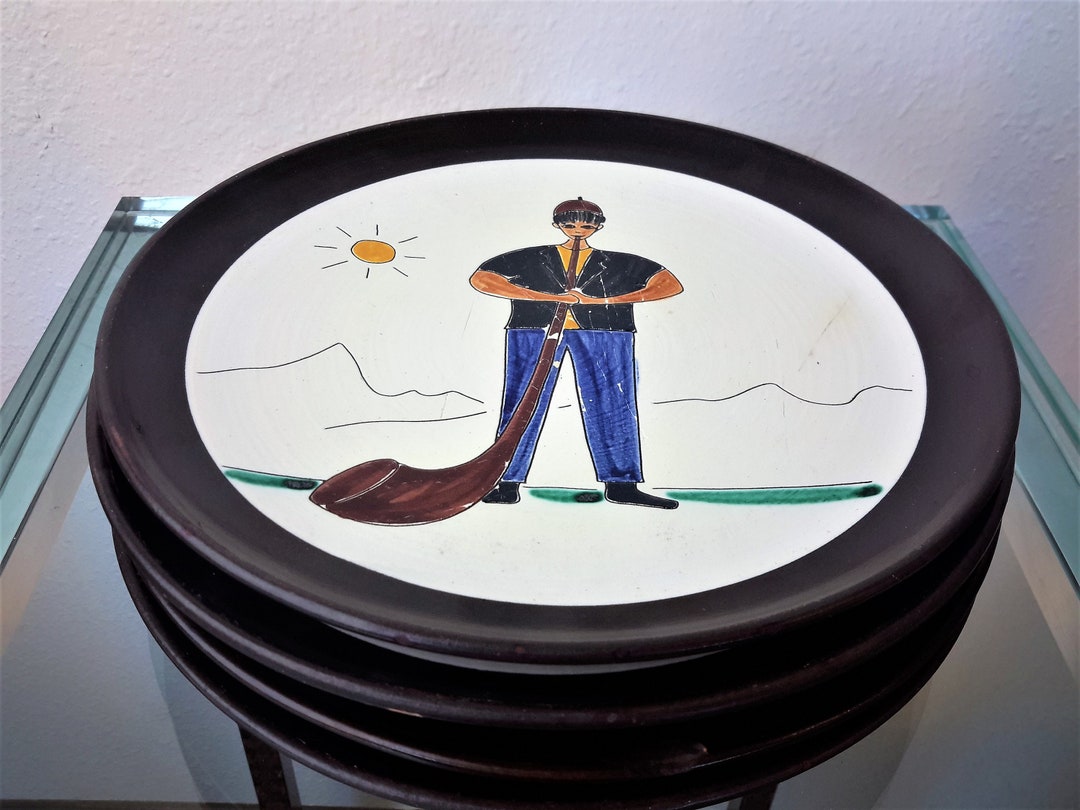 Swiss Pottery Plates ~ Switzerland Alpine Horn, Cattle Bell, Cauldron ...