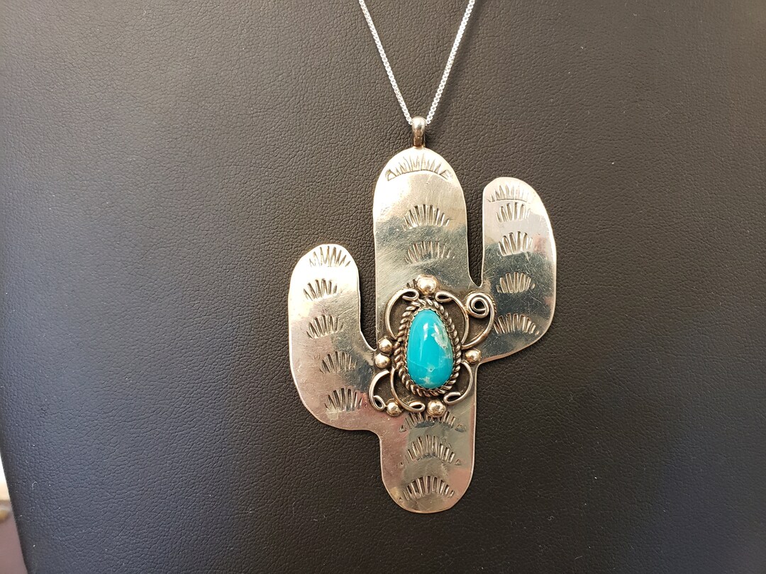 Saguaro Cactus Turquoise Pendant Necklace / Navajo Artisan Phoebe Tolta ...