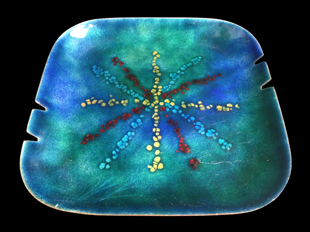 Mid Century Bovano Ashtray Blue & Green Enamel on Copper ~ 10" X 10 ...