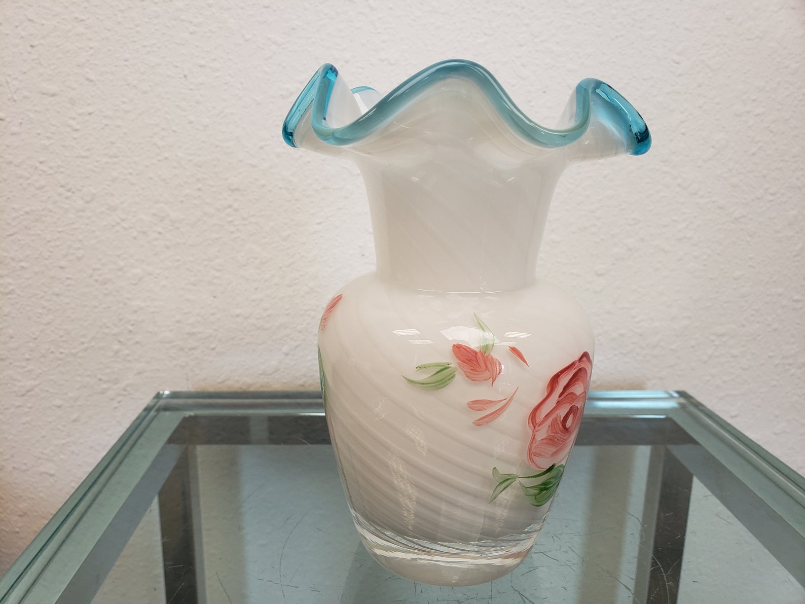 Fenton Glass Teleflora Swirl Art Glass Vase Aqua Crest Rim & - Etsy