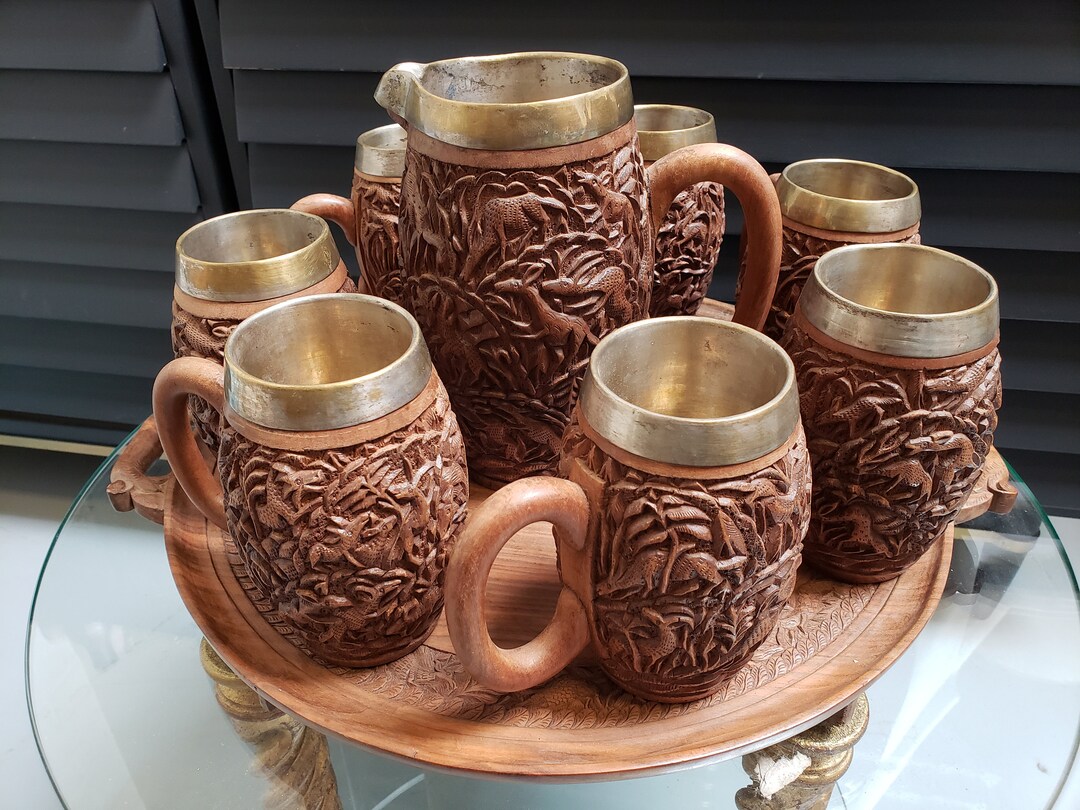 Elaborate Carved Wood German Stein Set African Animal Themed / 6 Steins ...