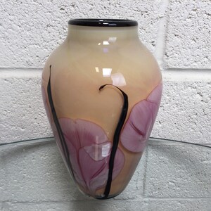 Rick Satava Studio Art Glass Floral Vase ~ Pink Poppy on Tan Glass Vase ...