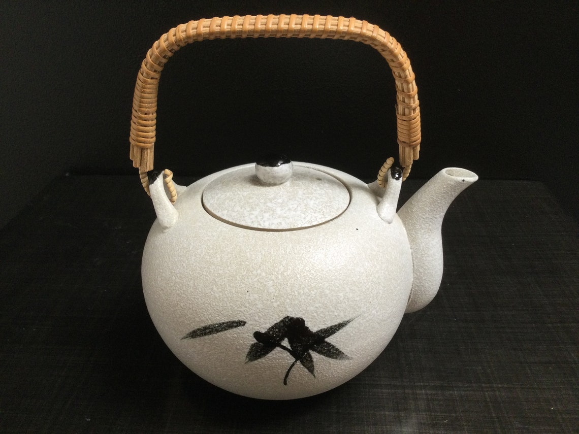 Asian Teapot White Textured W Bamboo Handle ~ Hand Painted Leaf Design ...
