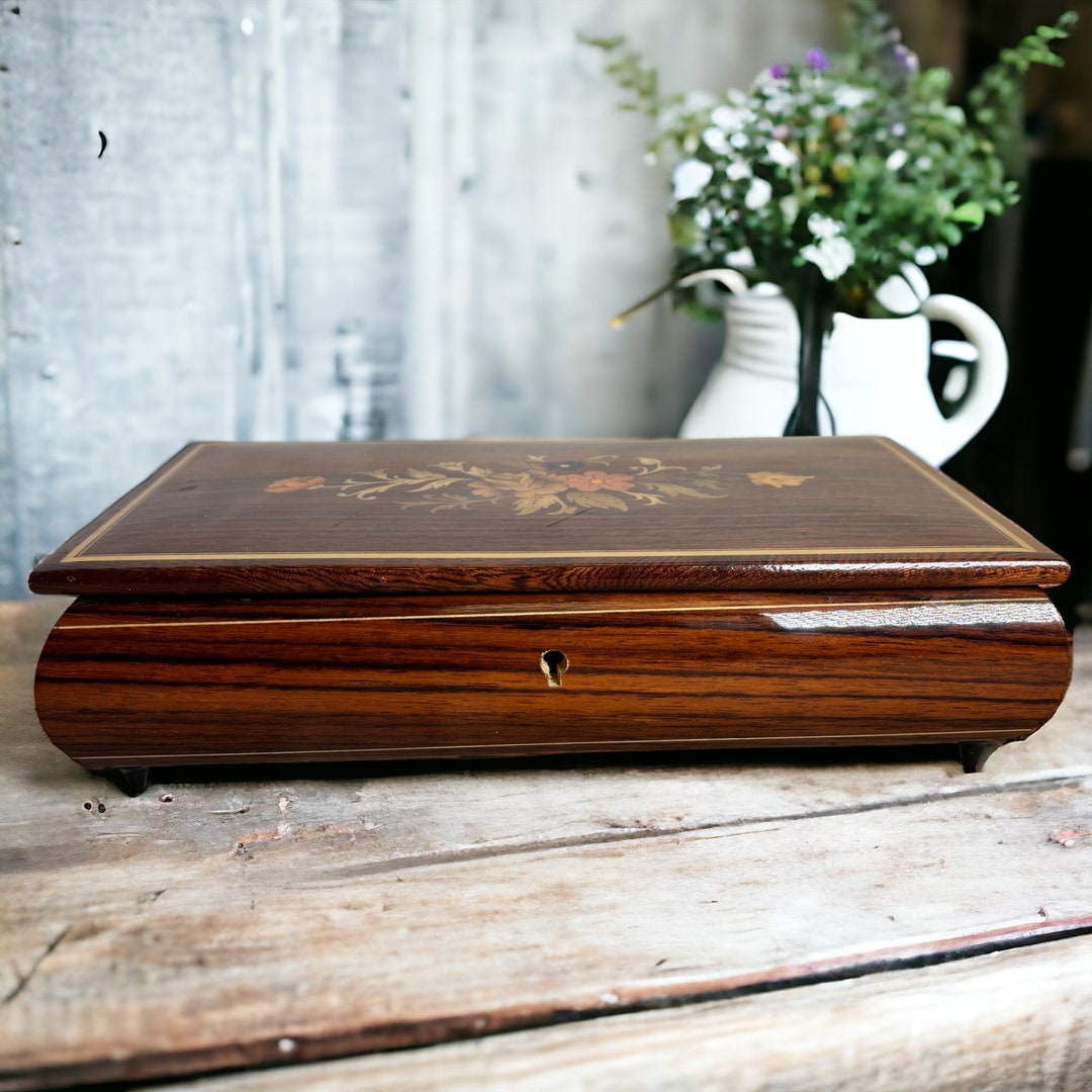 Italian Reuge Music Jewelry Box No Key ~ Vintage Inlay Wood Box W Red ...