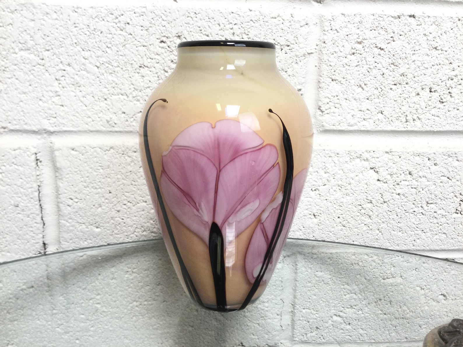 Rick Satava Studio Art Glass Floral Vase Pink Poppy on Tan | Etsy