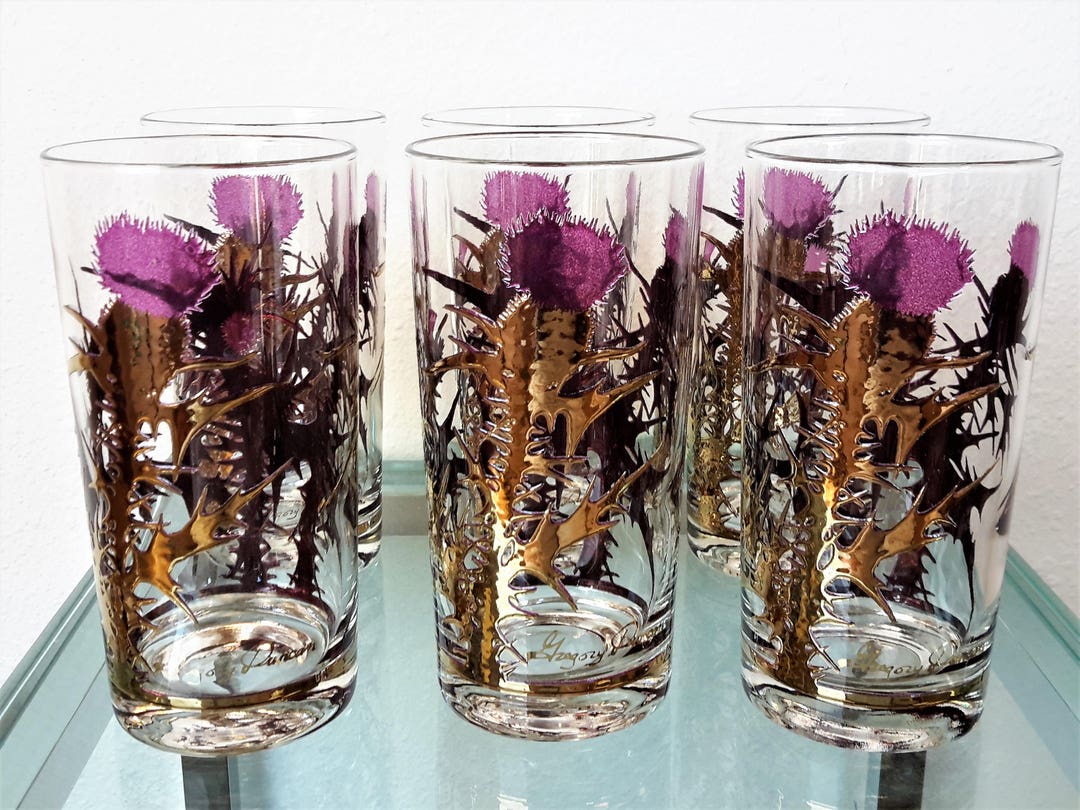 Vintage Barware Glasses Gregory Duncan 22K Gold Purple Thistle Flower ...