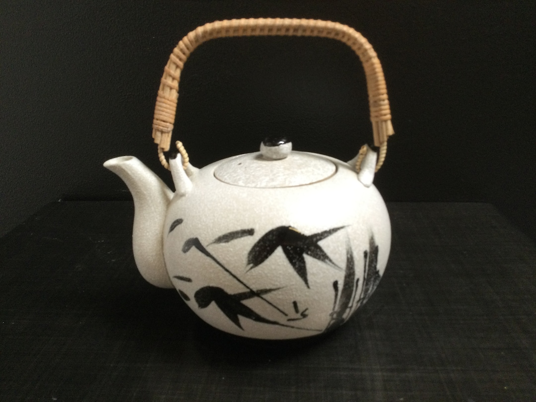 Asian Teapot White Textured W Bamboo Handle ~ Hand Painted Leaf Design ...