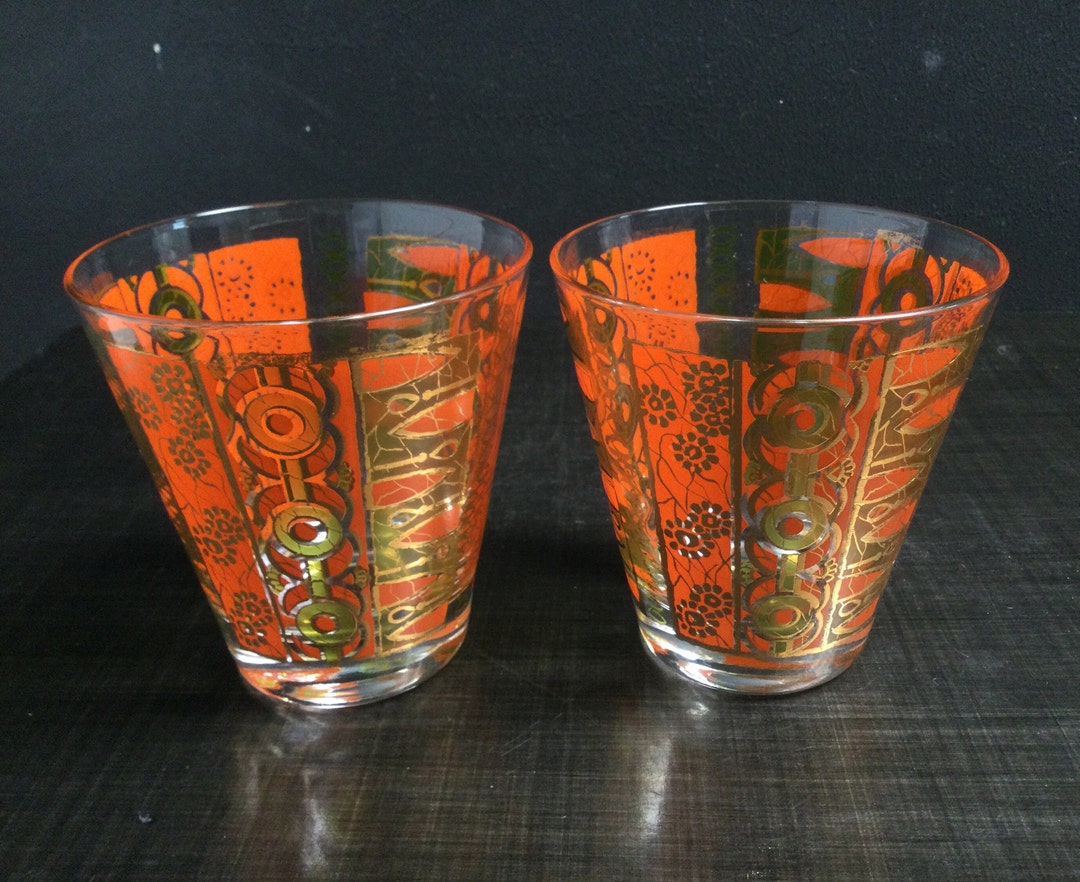 Georges Briard Barware Orange & Green Deco Dbl Old Fashioned Glasses ...