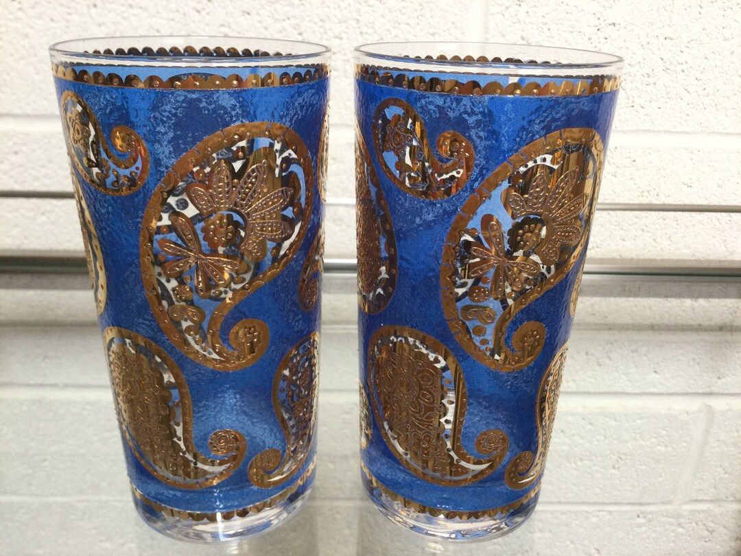 1960s Culver Barware Blue Paisley ~ Mid Century 22K Gold Glassware ...