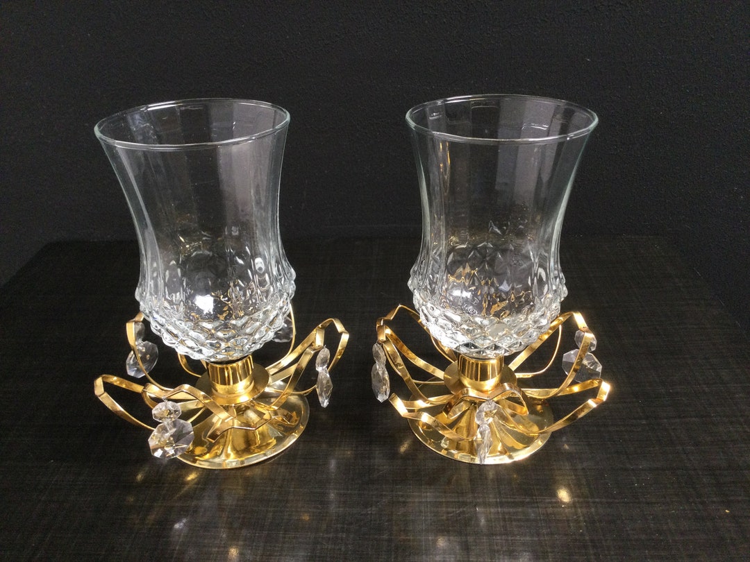 Decorative Candle Holders Pair ~ Glass & Gold Toned Metal Votive Candle ...