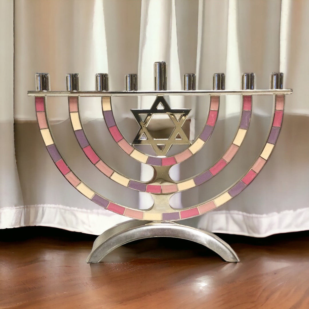 Jewish Menorah Chrome Muted Pink Lavender Tan 7 9 Light Hanukah Menorah ...