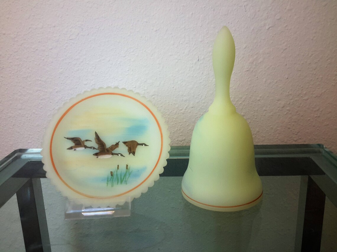 Mini Fenton Glass Bell With Plate Geese 2pc Set Satin Glass / - Etsy
