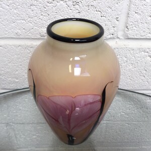Rick Satava Studio Art Glass Floral Vase ~ Pink Poppy on Tan Glass Vase ...