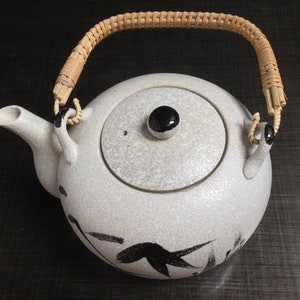 Asian Teapot White Textured W Bamboo Handle ~ Hand Painted Leaf Design ...