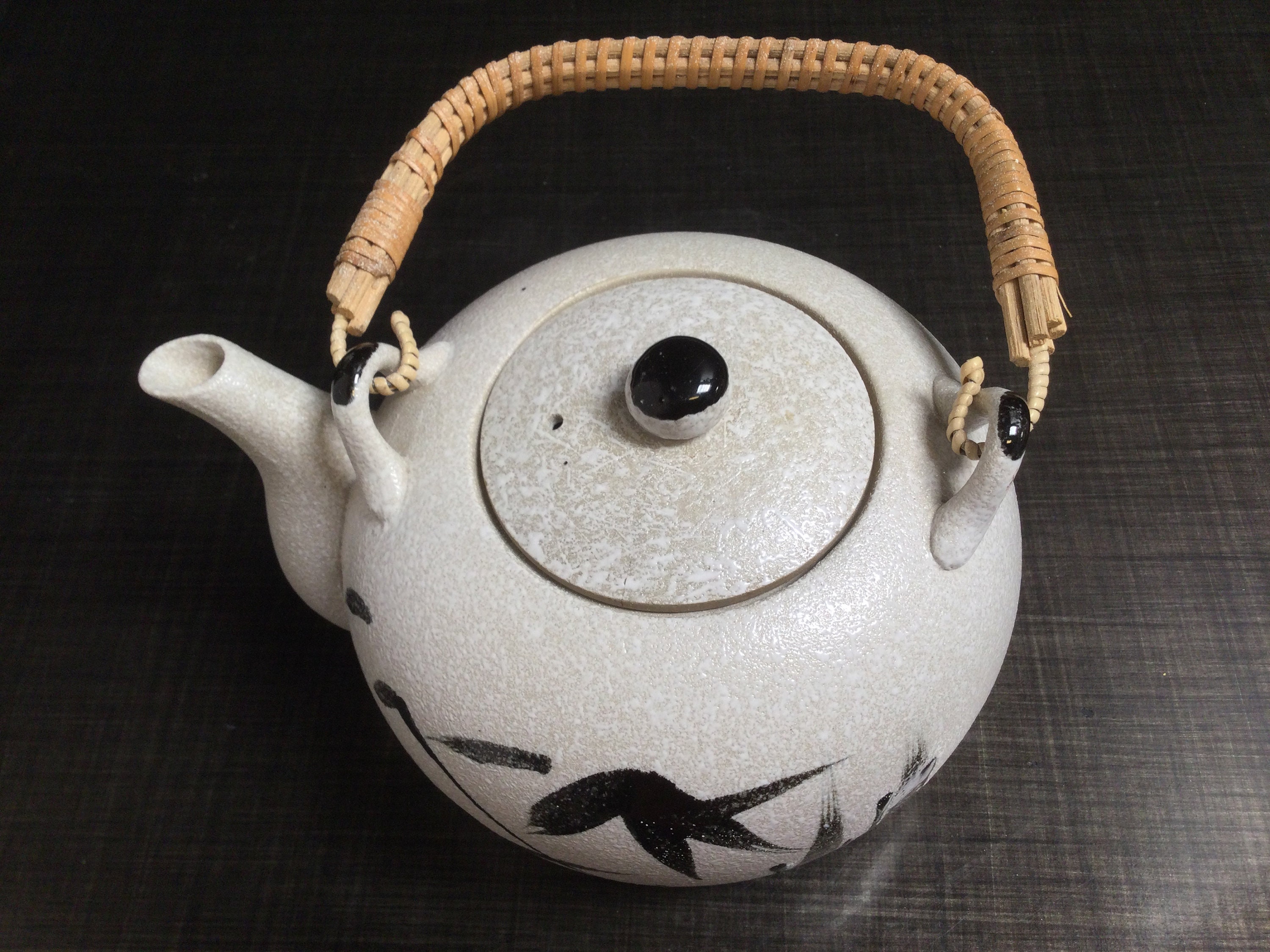 Asian Teapot White Textured W Bamboo Handle ~ Hand Painted Leaf Design ...