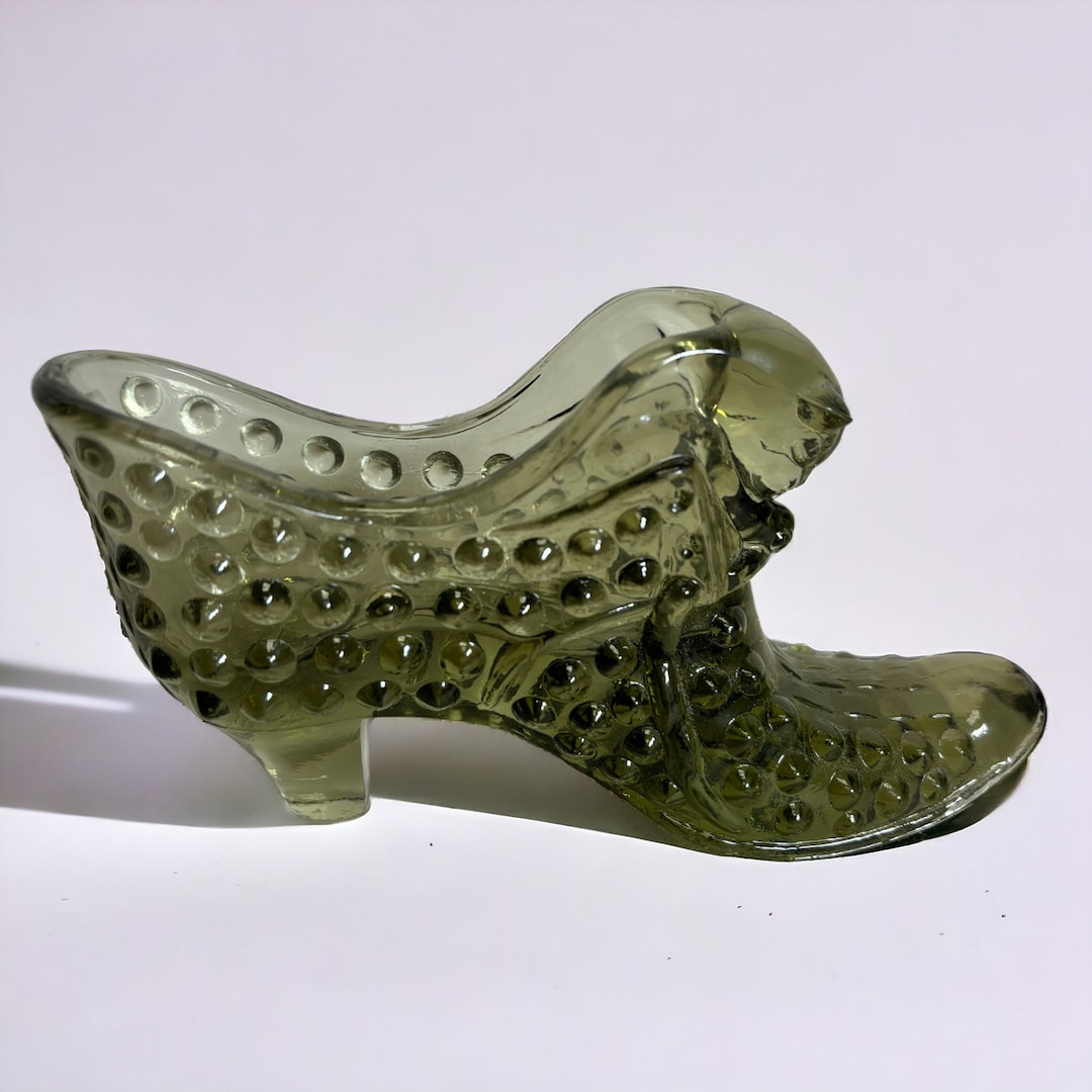 Fenton Hobnail Green Glass Shoe ~ Vintage 3" Collectible Fenton Glass ...