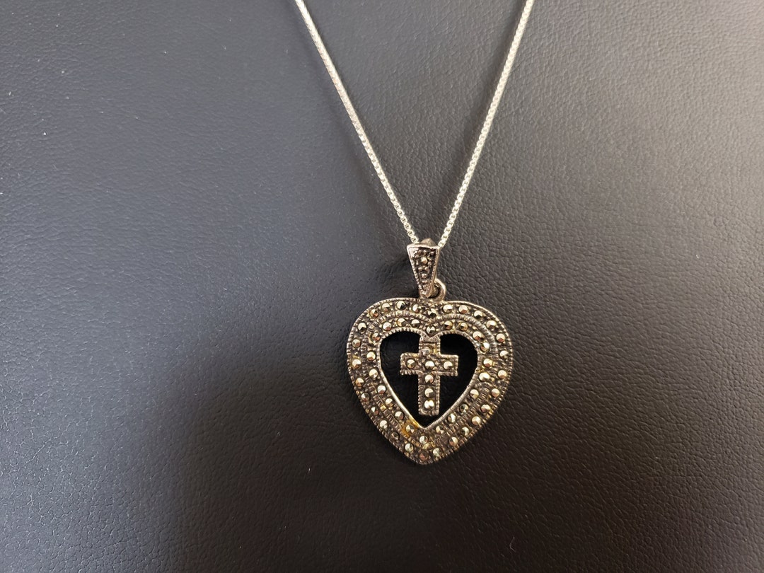 Sterling Silver Marcasite Heart & Cross Pendant: Spiritual Religious - Etsy