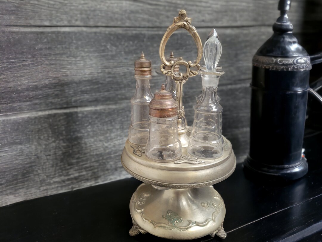 Victorian Castor Cruet Set ~ Clear Glass Etched Bottles ~ Footed ...