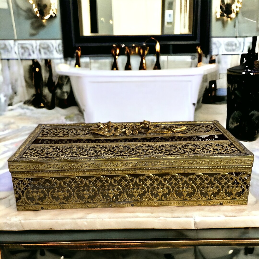1960s Gold Filigree Tissue Box Cover ~ Hollywood Regency Bathroom ...