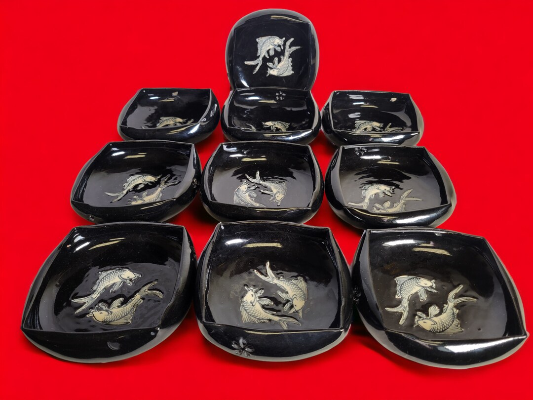Asian Black Bowls W Fish Design Set of 10 ~ Vintage Chinese Glazed ...