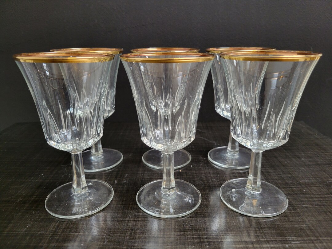 Hollywood Regency Barware 6oz Gold Rimmed Wine Glasses Set of 4 ~ Mid ...