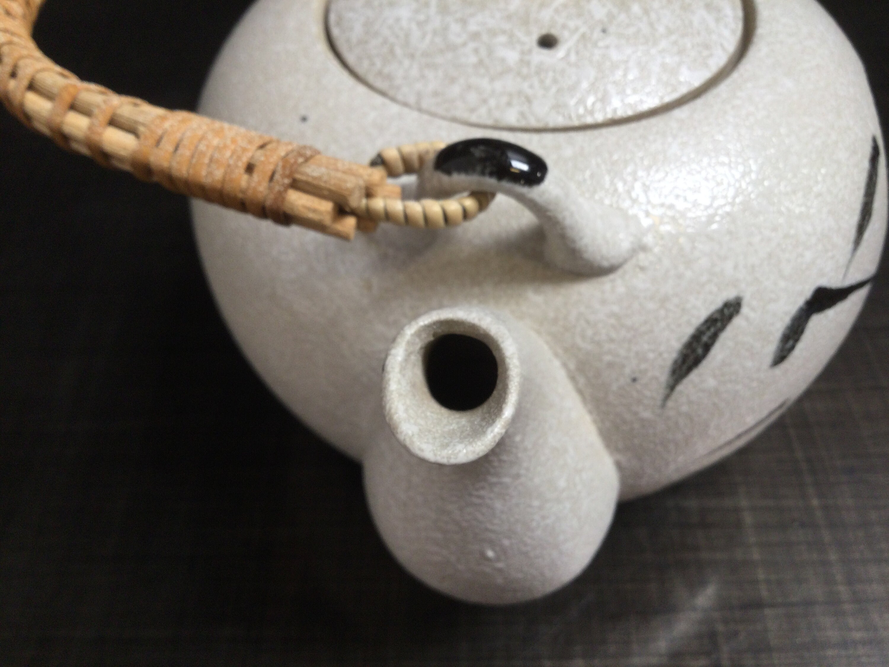 Asian Teapot White Textured W Bamboo Handle ~ Hand Painted Leaf Design ...
