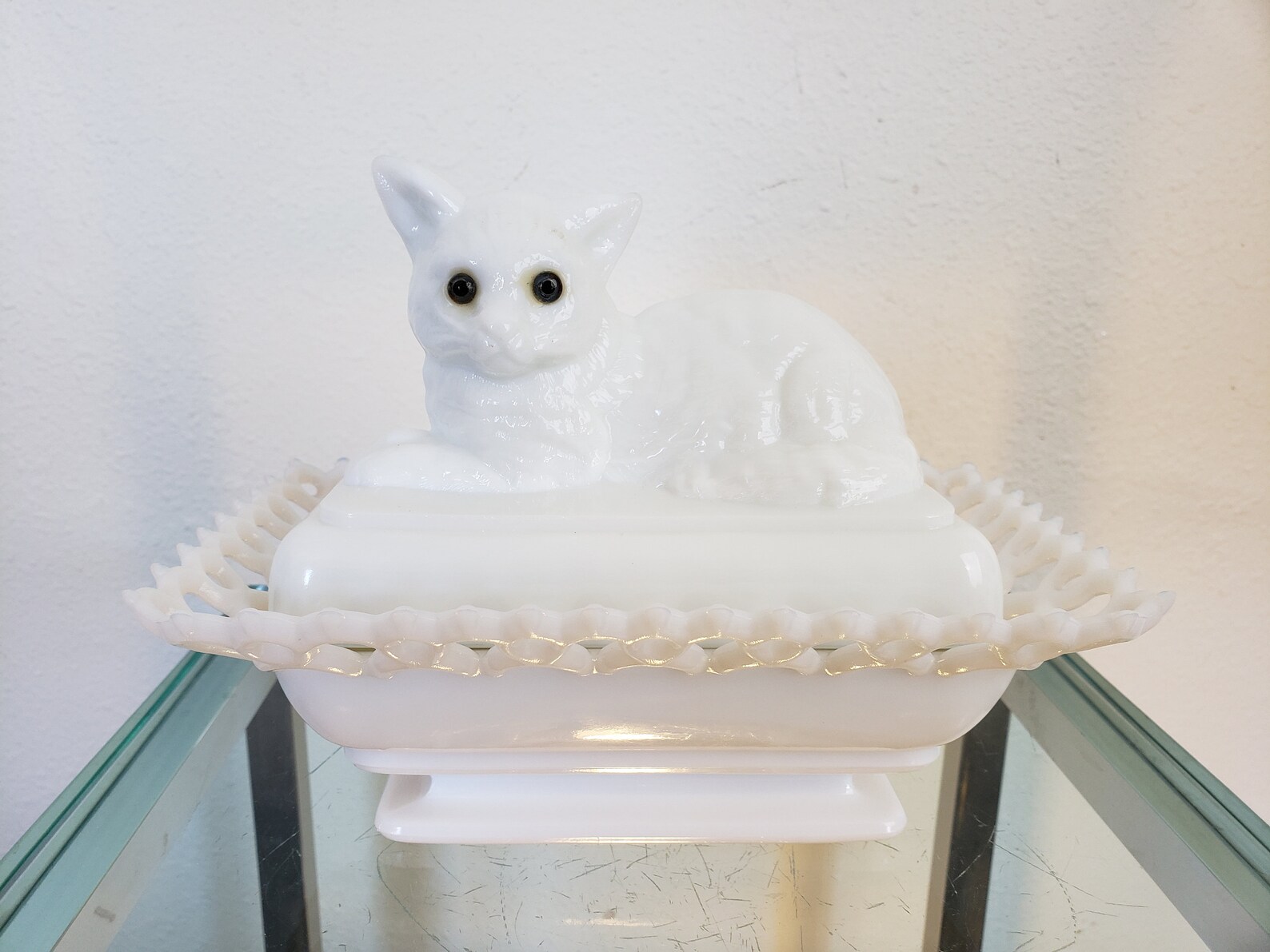 Westmoreland Cat Candy Dish / Milk Glass Lace Trim / Blue Gray | Etsy