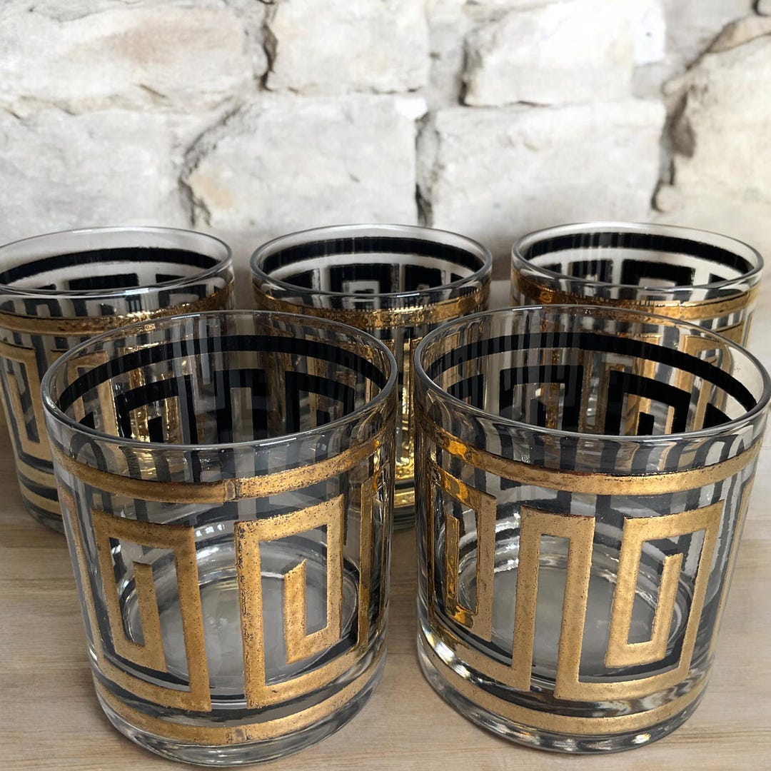 MCM Culver Barware Greek Key 22K Gold Set of 5 Double Old Fashioned ...