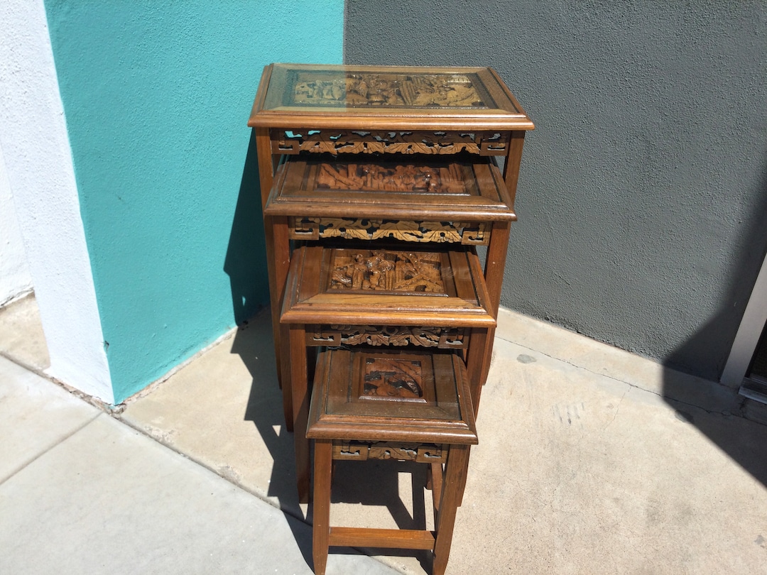 1960s Chinese Carved Wood Nesting Tables Hand Carved Asian Decor Set of ...