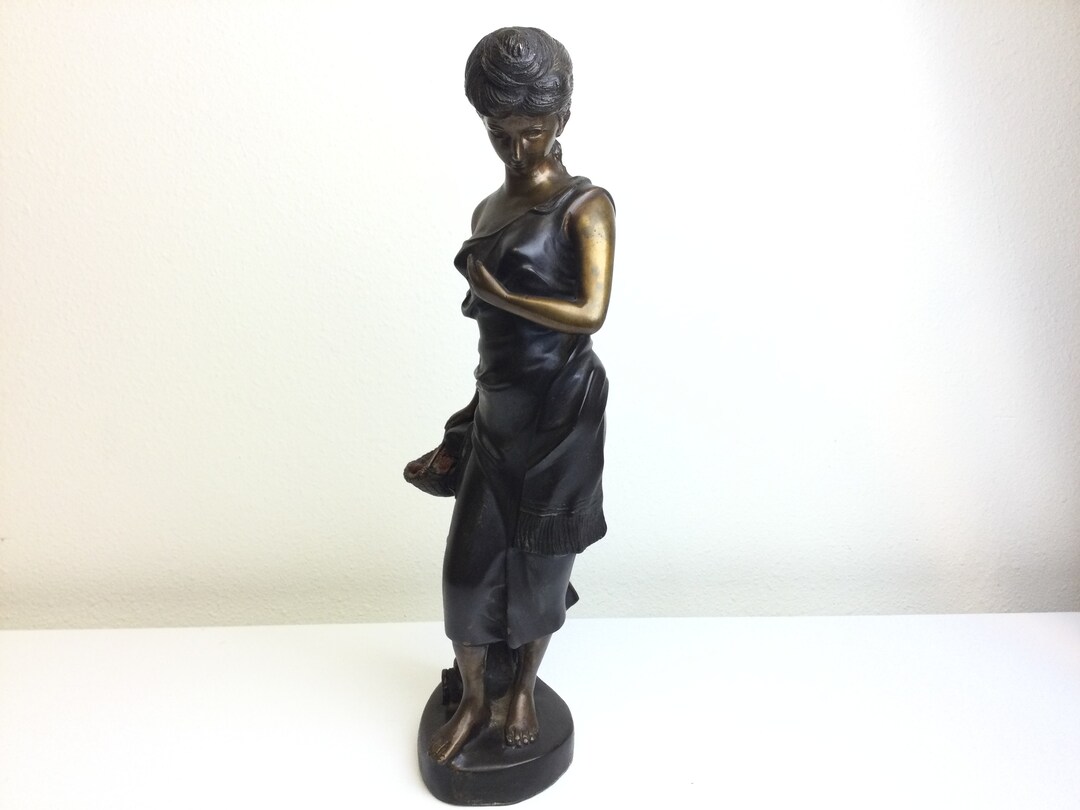 Bronze Sculpture Woman Holding A Basket of Flowers With Lion ~ Large 19 ...
