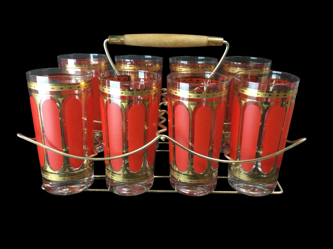Fred Press Signed Barware Set of 8 Glasses & Carrier Caddy ~ Mid ...